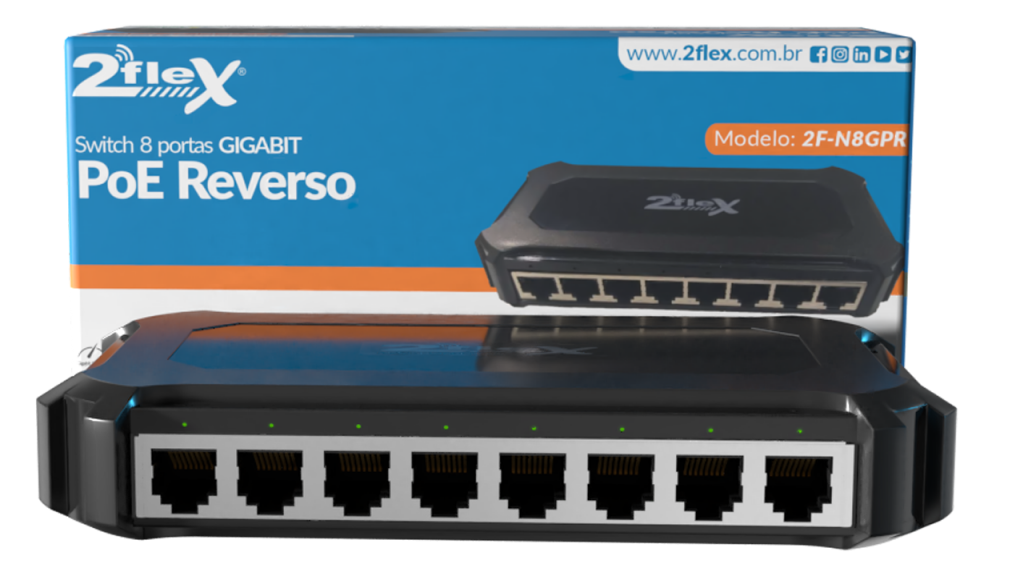 O Switch Poe Reverso Giga Ethernet 2 Flex Telecom possui 8 portas