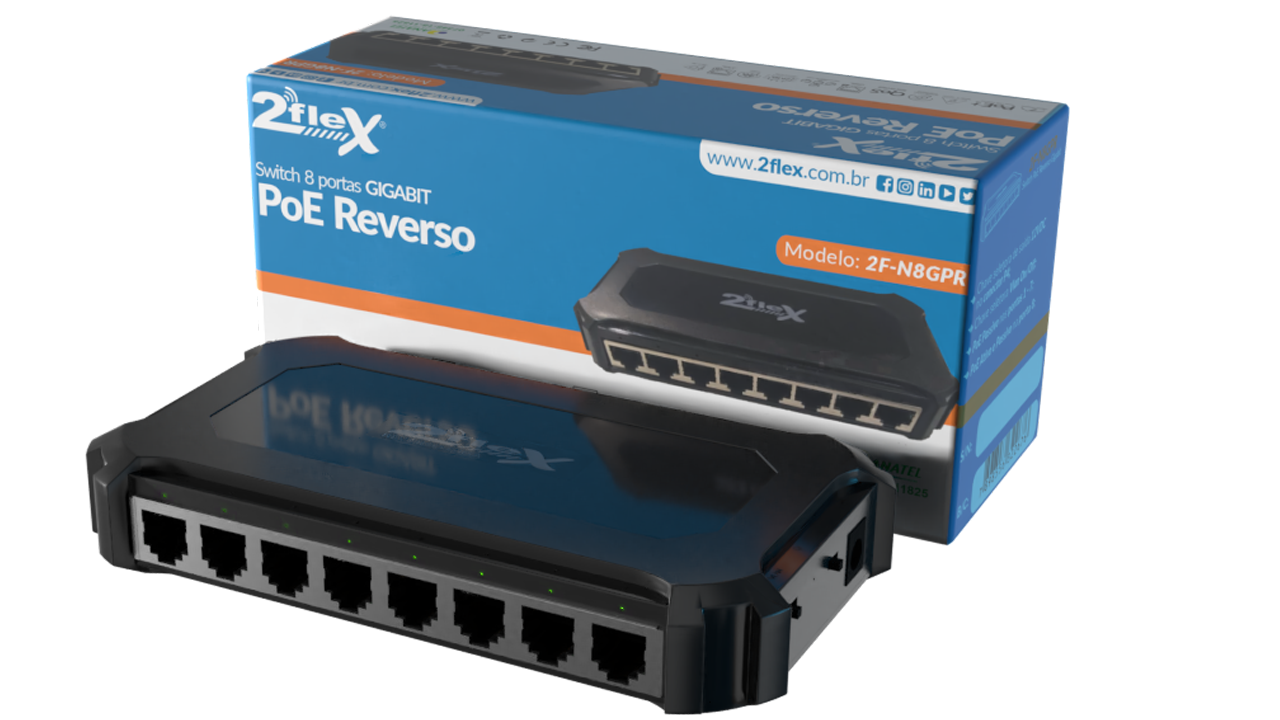 O Switch Poe Reverso Giga Ethernet 2 Flex Telecom possui 8 portas